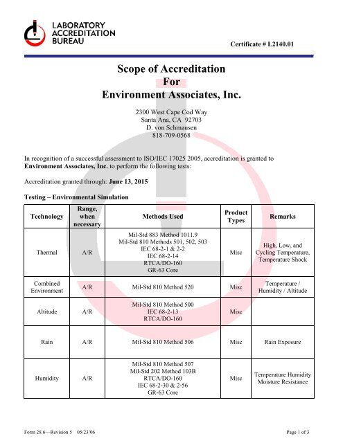 Proposed Scope of Accreditation - Laboratory Accreditation Bureau