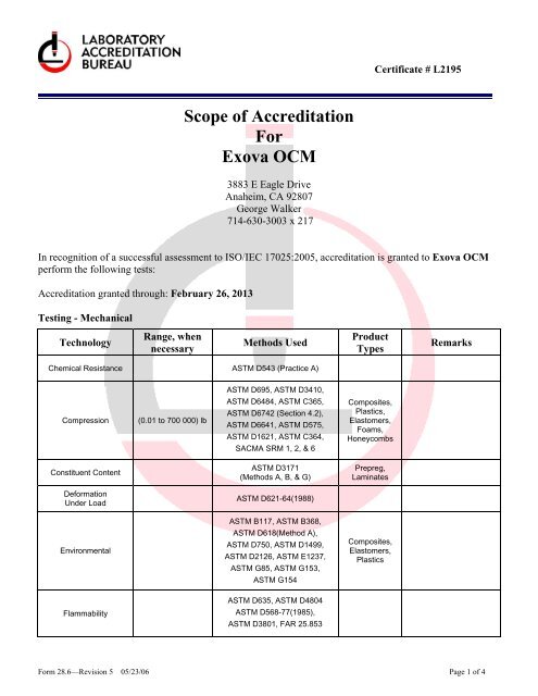 Scope of Accreditation For Exova OCM - Laboratory Accreditation ...