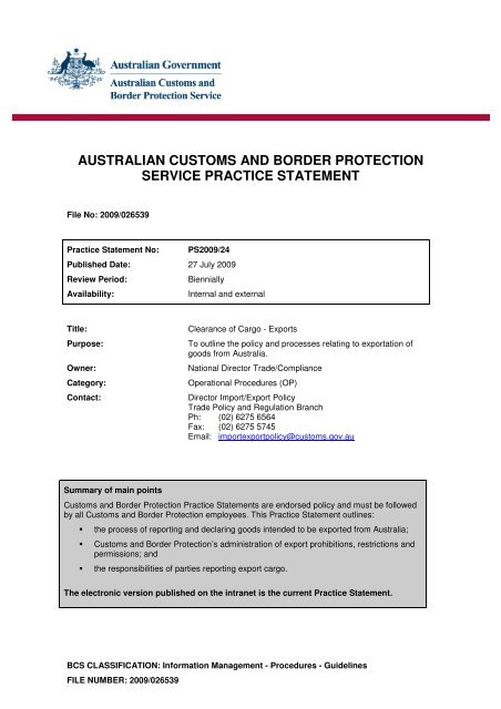 Clearance of Cargo Exports - Australian Customs Service
