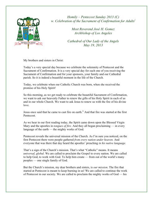 Homily â Pentecost Sunday 2013 (C) - the Archdiocese of Los Angeles