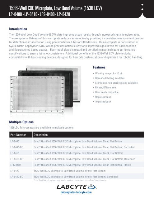 1536-Well COC Microplate, Low Dead Volume (1536 LDV) - Labcyte