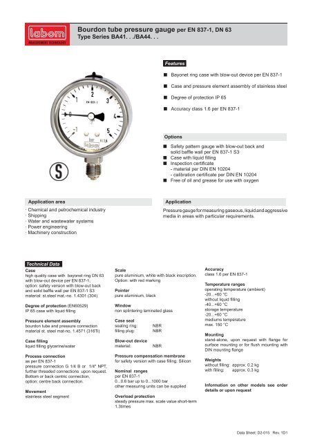 Bourdon tube pressure gauge per EN 837-1, DN 63 - LABOM
