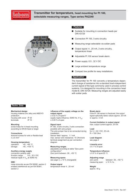 Transmitter for temperature, head mounting for Pt 100, - LABOM