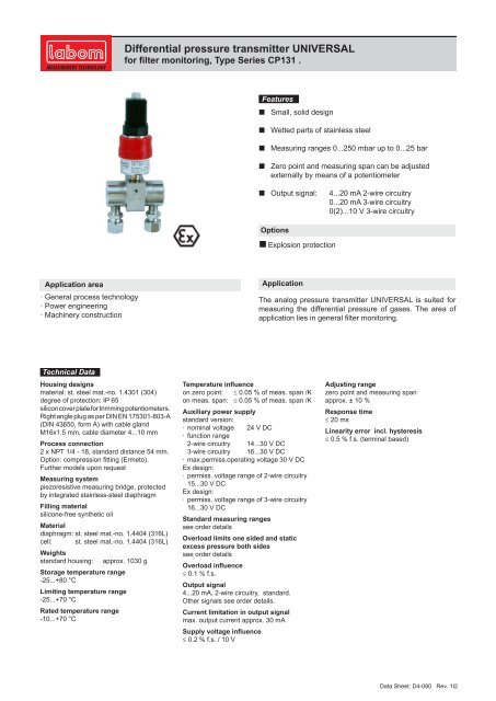 Differential pressure transmitter UNIVERSAL - LABOM