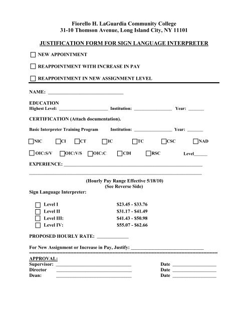 Justification Form for Sign Language Interpreter - LaGuardia ...