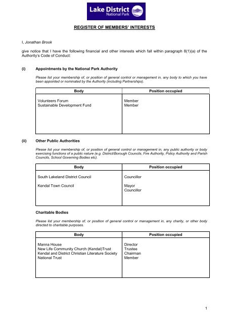 REGISTER OF MEMBERS' INTERESTS - Lake District National Park