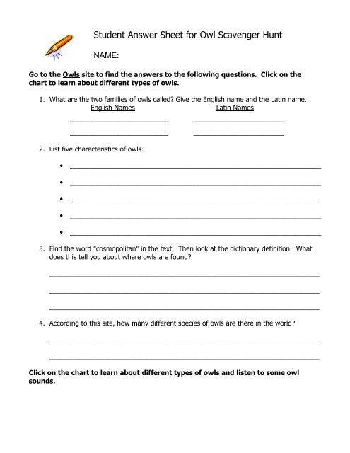 Student Answer Sheet for Owl Scavenger Hunt - Lakelandschools.us