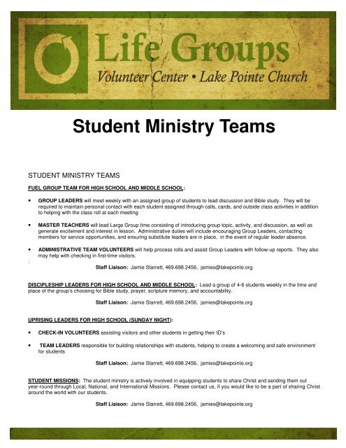 Student Ministry Teams - Lake Pointe Church