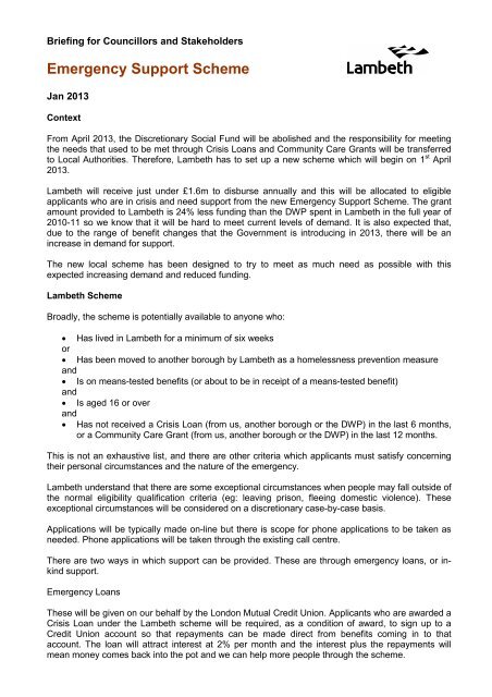 Emergency Support Scheme - Lambeth Council