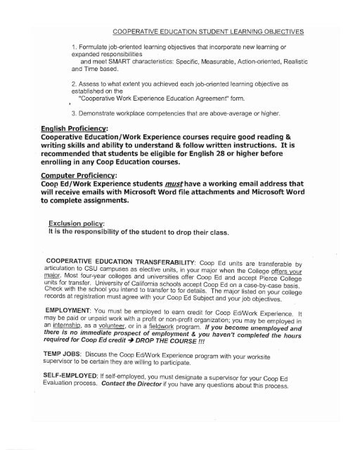 Cooperative Education Student Learning Objectives