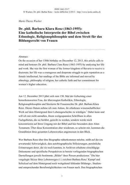Dr. phil. Barbara Klara Renz (1863-1955): Eine ... - Lectio Difficilior