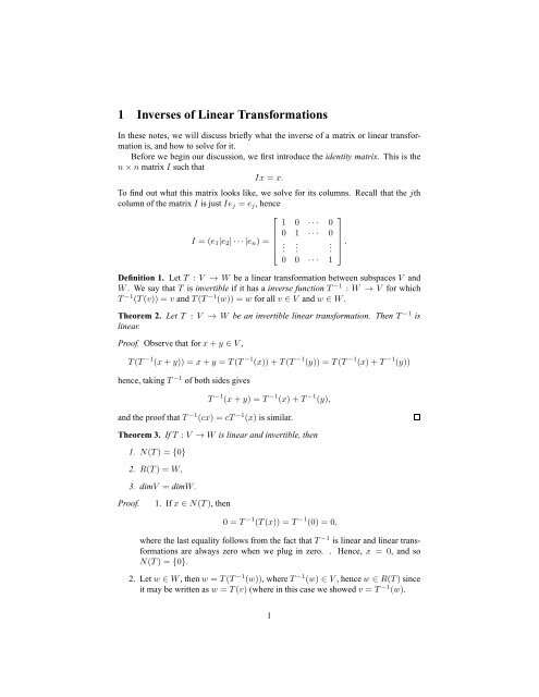 Notes About Inverses Of Matrices And Linear Transformations