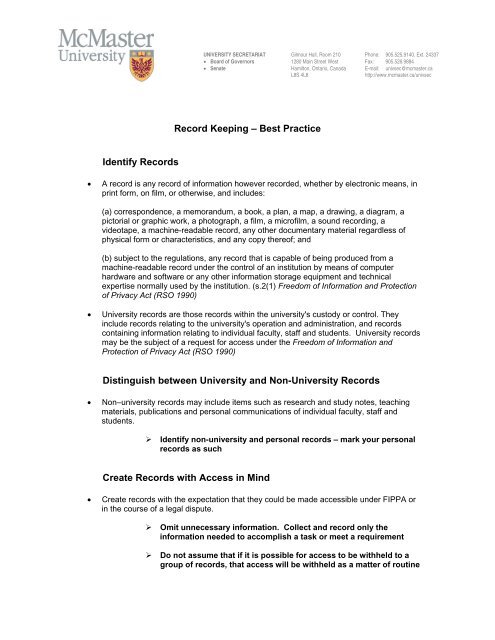 Record Keeping – Best Practice - McMaster University