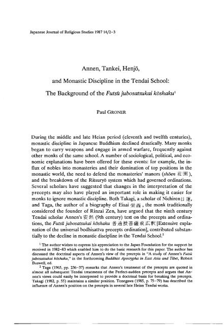 Annen, Tankei, Henjo, and Monastic Discipline in the Tendai School ...