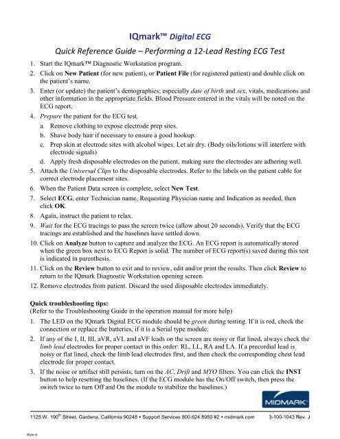IQmark™ Digital ECG Quick Reference Guide ... - Midmark
