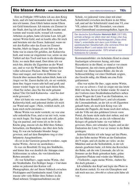 Die blasse Anna (Böll) - Mittelschulvorbereitung Deutsch