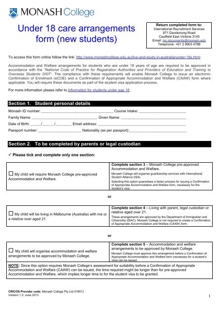 Under 18 care arrangements form (new students) - Monash College