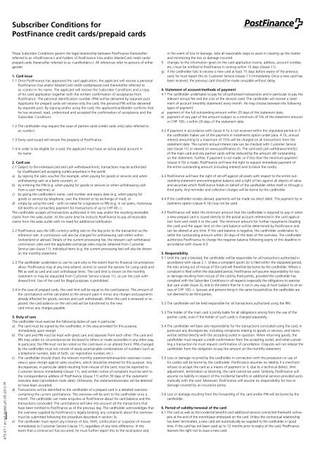Subscriber Conditions for Postfinance credit cards/prepaid cards