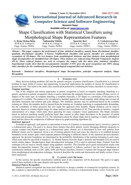 Shape Classification With Statistical Classifiers Using Ijarcsse