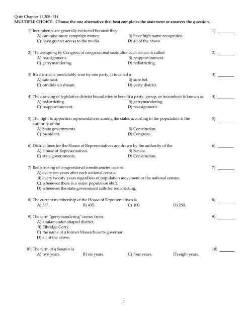 Quiz Chapter 11 308-314 MULTIPLE CHOICE. Choose the one ...