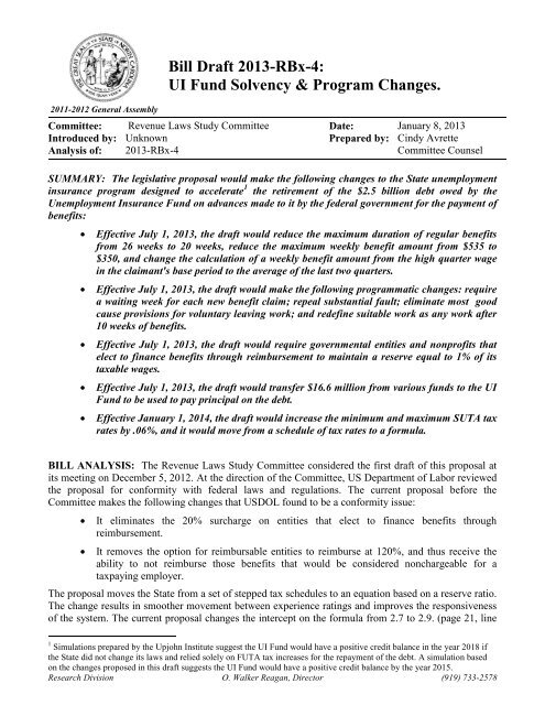 Bill Draft 2013-RBx-4: UI Fund Solvency & Program Changes.