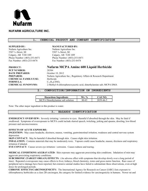 Nufarm MCPA Amine 600 Liquid Herbicide - Nufarm Canada