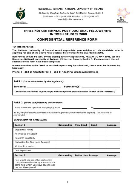 CONFIDENTIAL REFERENCE FORM - National University of Ireland