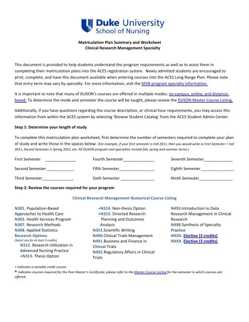 Matriculation Plan Summary and Worksheet Clinical Research ...