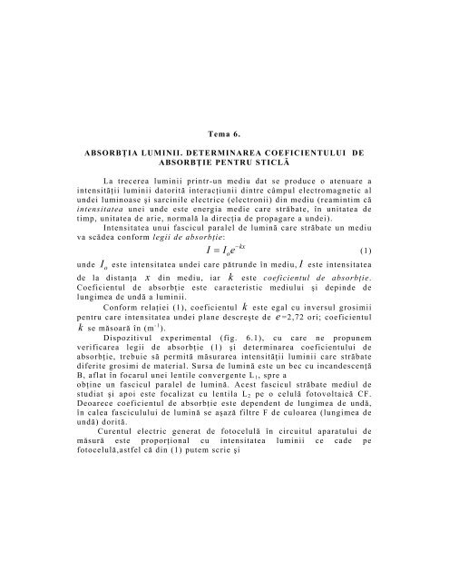 Tema 6. ABSORBŢIA LUMINII. DETERMINAREA COEFICIENTULUI ...