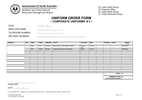 UNIFORM ORDER FORM ~ CORP