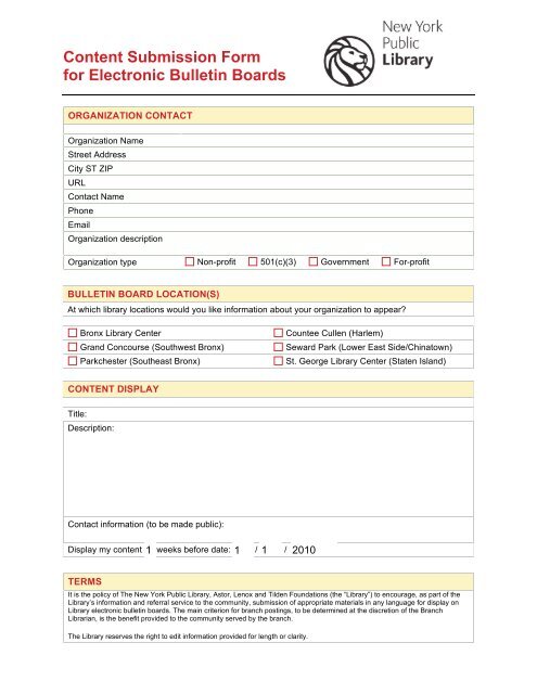 Content Submission Form for Electronic Bulletin Boards - New York ...