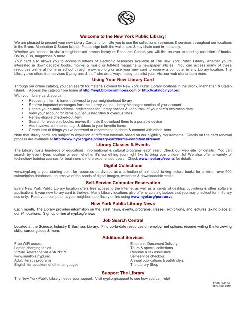 Welcome Letter to New Cardholders - New York Public Library