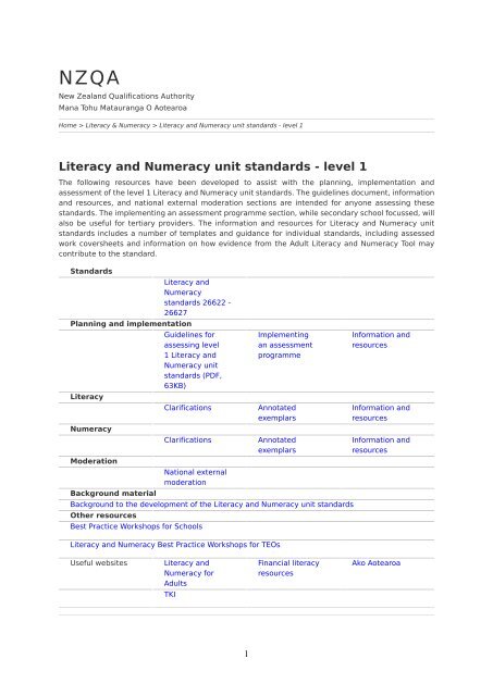 Literacy and Numeracy unit standards - level 1 - NZQA