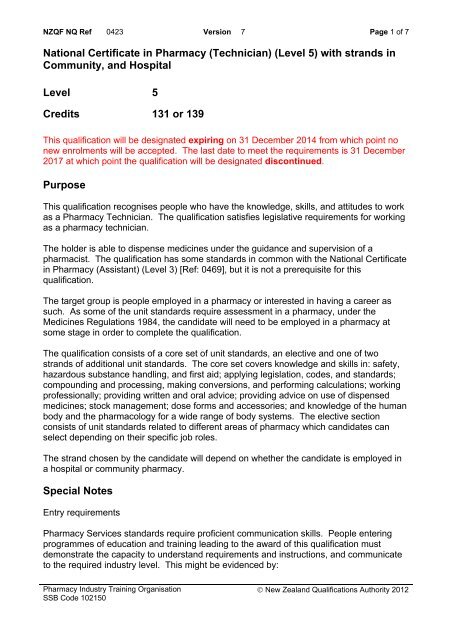 National Certificate in Pharmacy (Technician) (Level 5) with ... - NZQA