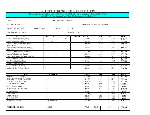 OACETT PRICE LIST AND MERCHANDISE ORDER FORM