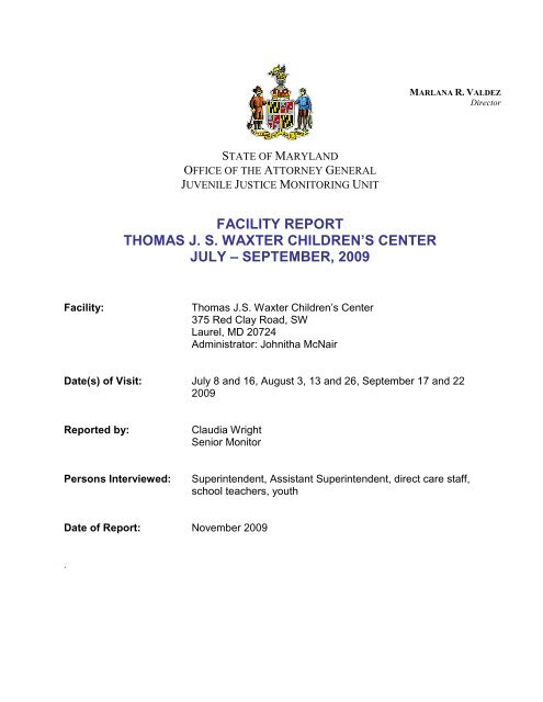 Thomas J. S. Waxter Children's Center - Maryland Attorney General