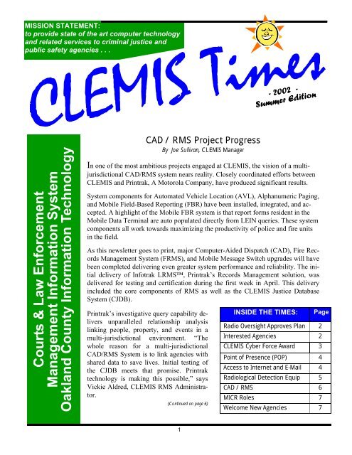 CAD / RMS Project Progress - Oakland County