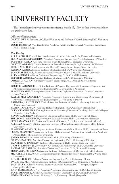 UNIVERSITY FACULTY - Oakland University