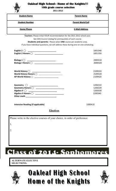 10th Grade Course Selection Sheet - Oakleaf High School