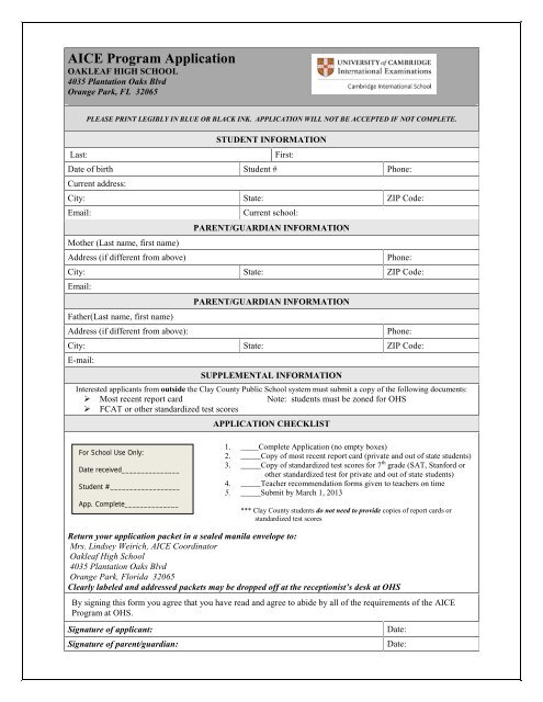 AICE Program Application - Oakleaf High School