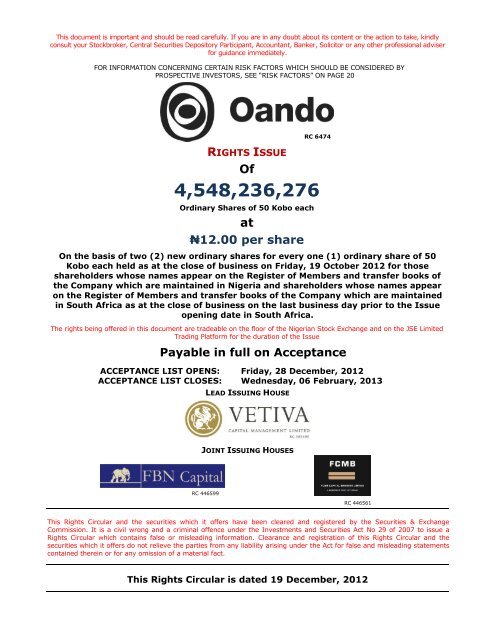 Oando PLC N54.6 Billion Right Issue Offering Circular