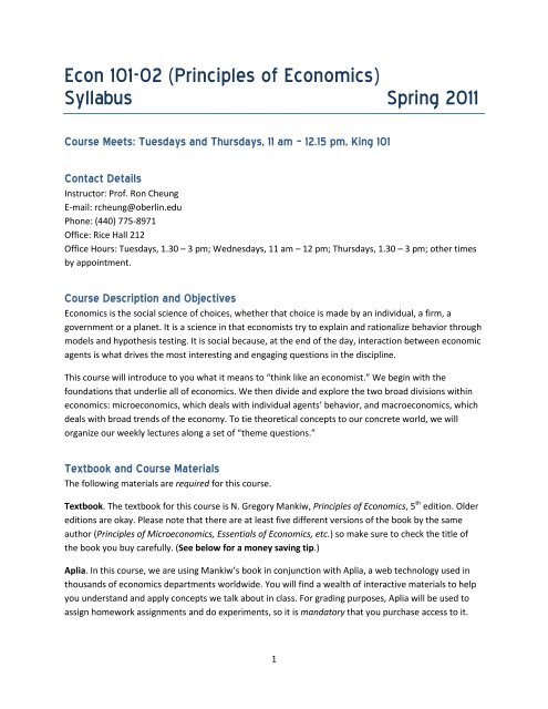 Econ 101-02 (Principles of Economics) Syllabus ... - Oberlin College