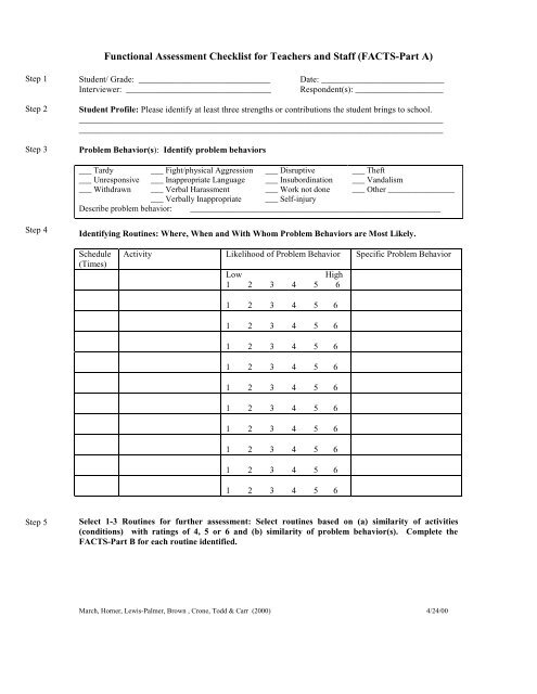 Functional Assessment Checklist for Teachers and Staff (FACTS-A)