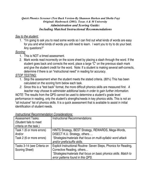 Quick Phonics Screener (Test Back Version-By Shannon Harken ...