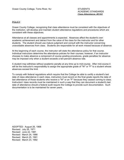 attendance policies - Ocean County College