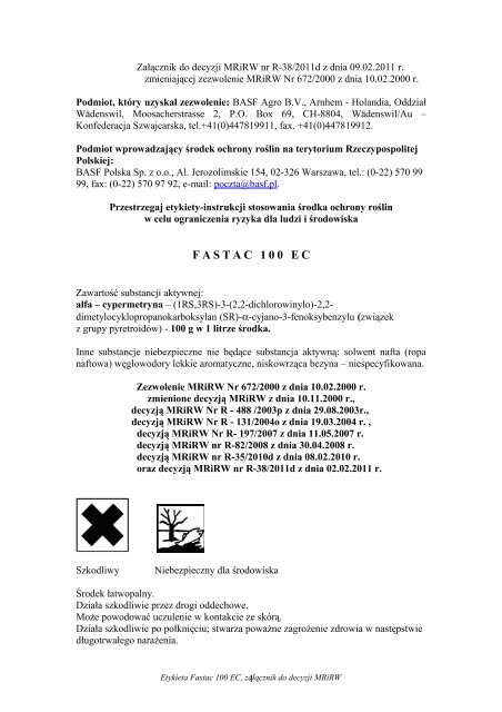 Etykieta stosowania Å rodka Fastac 100 EC - ochronasadu.pl