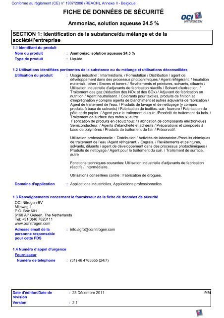 Ammoniac solution aqueuse 24.5 % - Fiche de ... - OCI Nitrogen