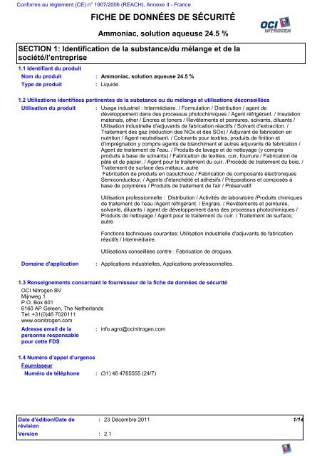 Ammoniac solution aqueuse 24.5 % - Fiche de ... - OCI Nitrogen