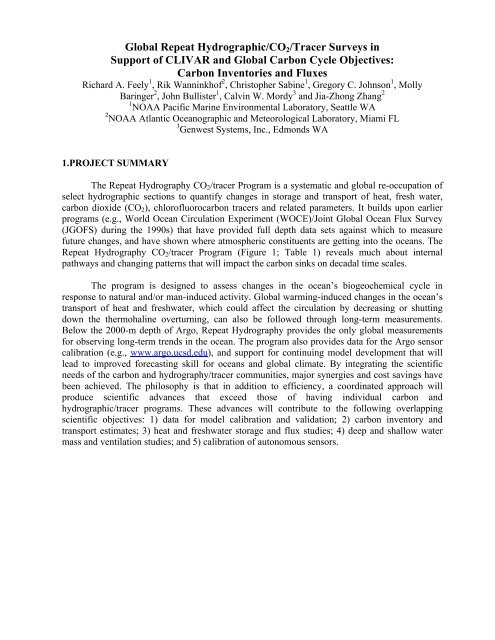 Global Repeat Hydrographic/CO 2 /Tracer Surveys in Support of ...
