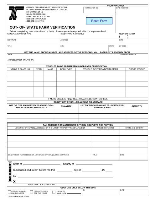 OUT- OF- STATE FARM VERIFICATION ( ) X - Oregon Department ...